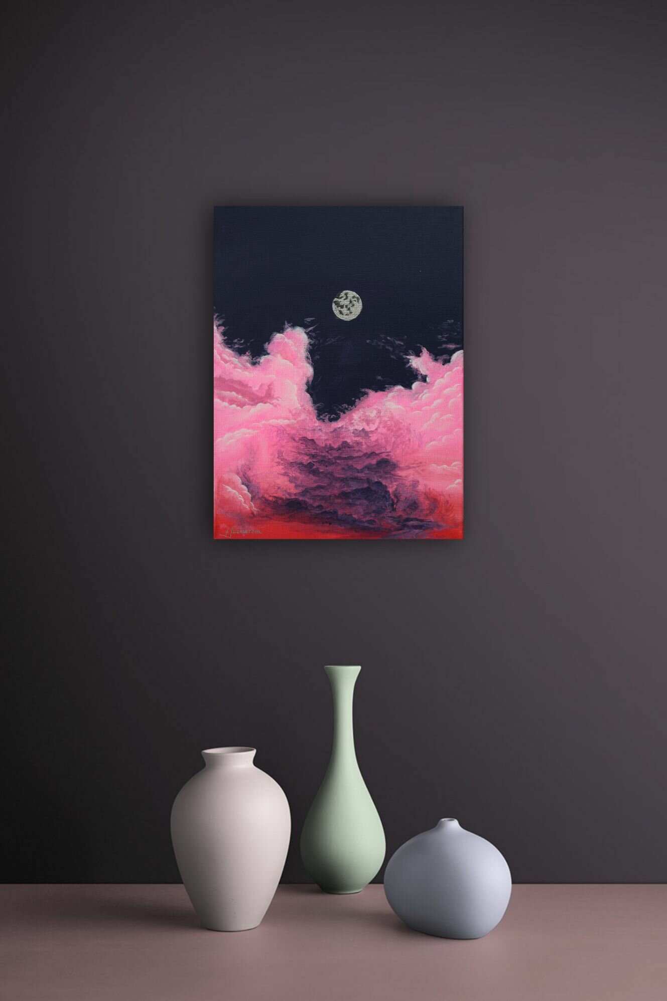 Авторская картина 40х30см Anya. al_art ночной пейзаж, луна, розовые облака, подарок на 14 февраля