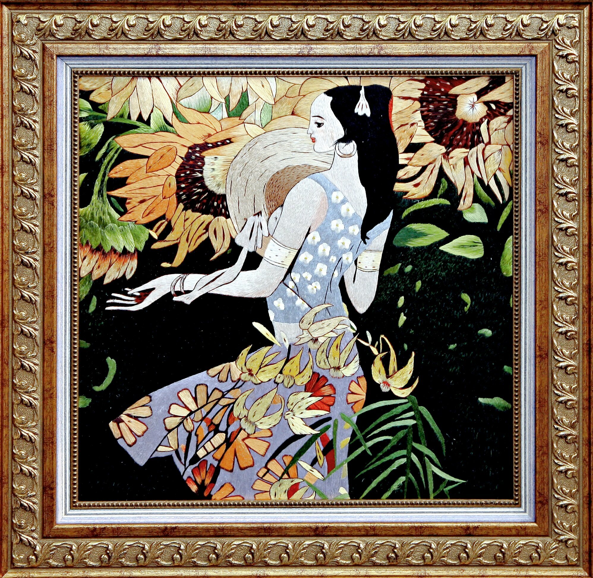 Картина Живой Шелк, "Девушка с подсолнухами" по Гогену, вышивка шелком, ручная работа, 55x55 см