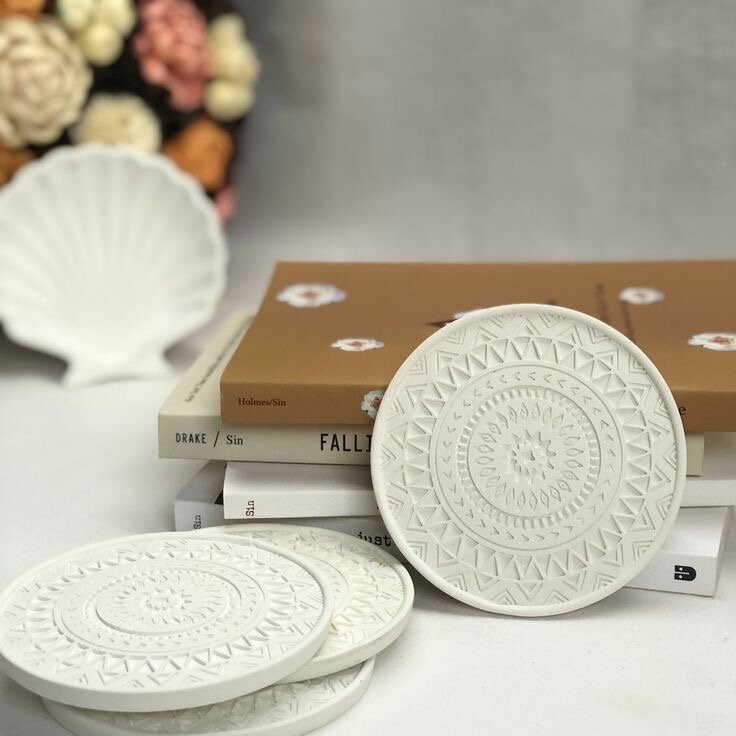 Подставка для кружки ARME из гипса, мандала, белый, диаметр 9см, 1 штука в наборе