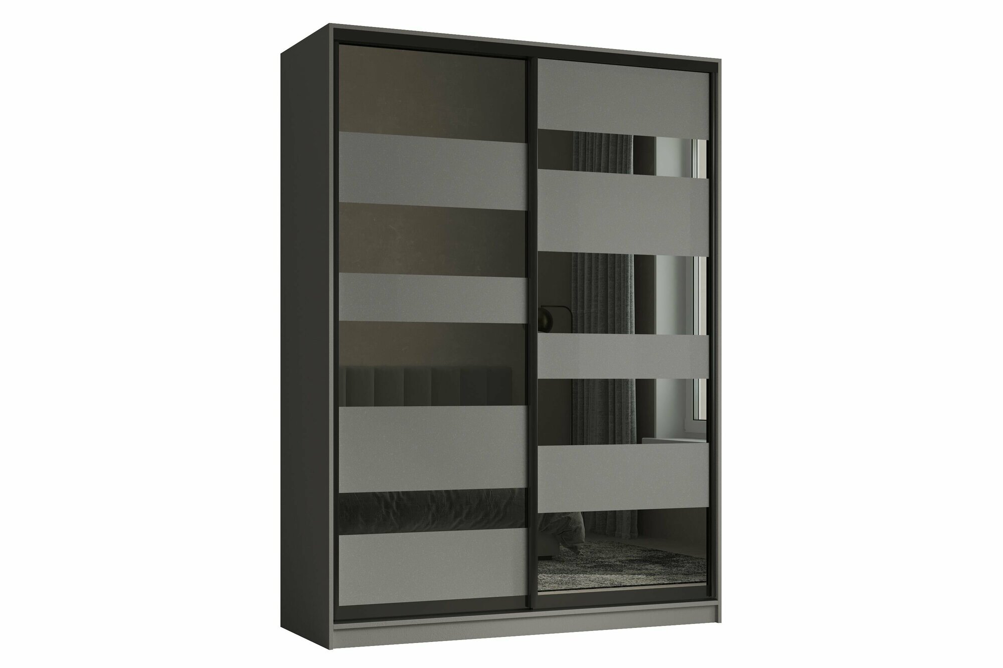 Шкаф купе, для одежды Дарден 2, Легкомаркет, с зеркалом графит и пескоструйным рисунком, 100х45х240, платяной, графит, профиль глянец черный