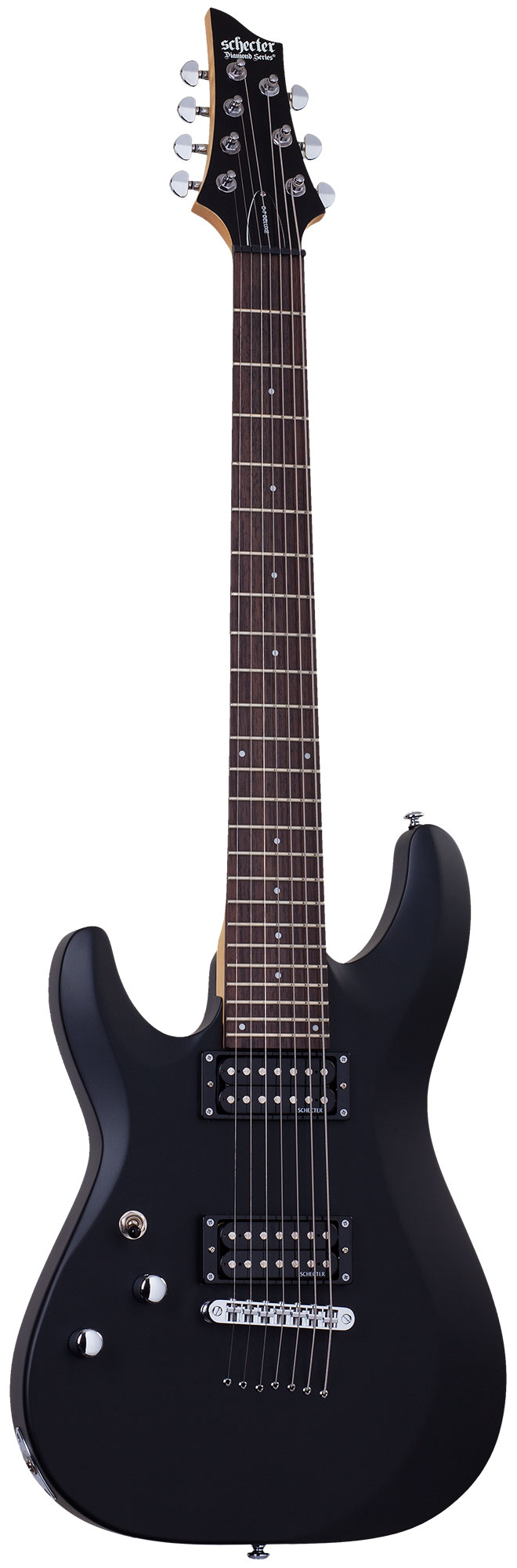 SCHECTER C-7 DELUXE SBK L/H - леворукая 7 струнная электрогитара, 24 лада. Корпус: липа. Гриф: клен. Накладка грифа: палисандр. Звукосниматели: Н/Н Schecter Diamond Plus. Переключатель звукоснимателей: 3-позиционный. Регуляторы: 1V/1Т. Цвет: матовый черный