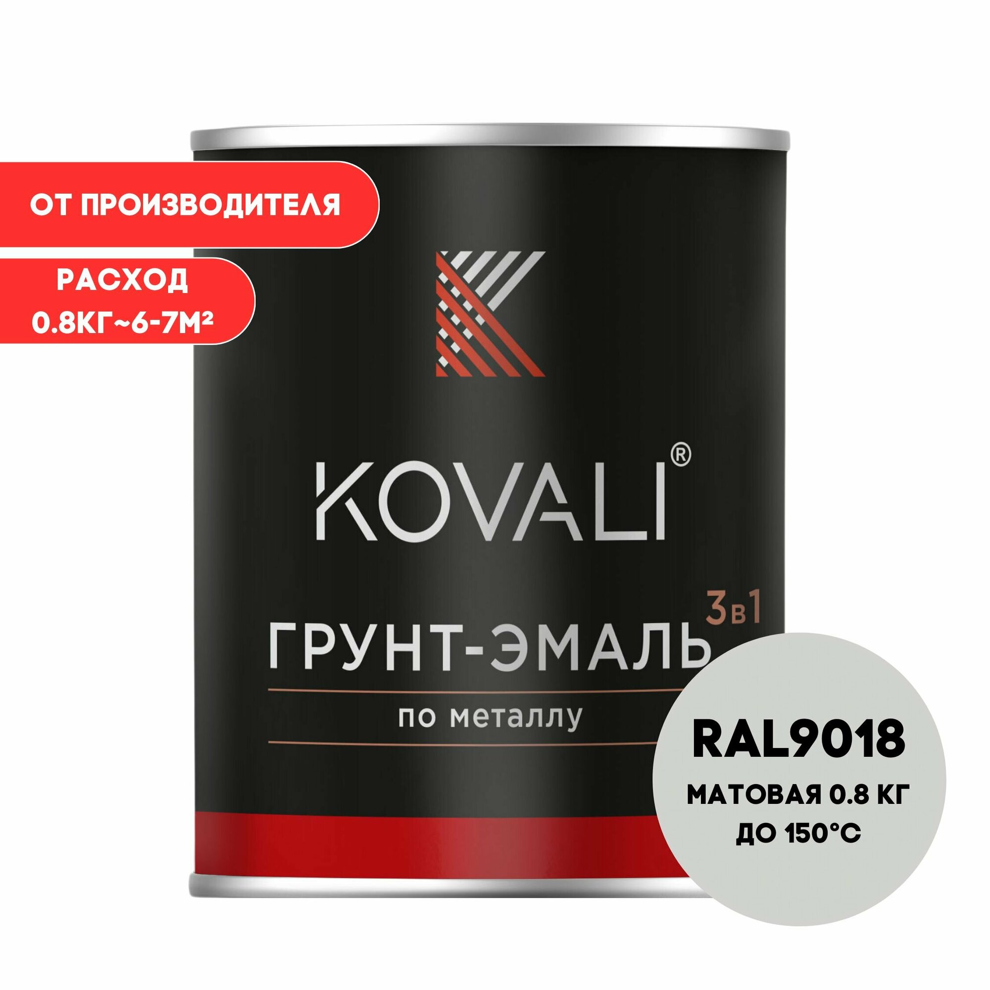 Грунт-эмаль 3 в 1 KOVALI матовая Папирусно-белый RAL 9018 0,8кг краска по металлу, по ржавчине, быстросохнущая , краска Ковали