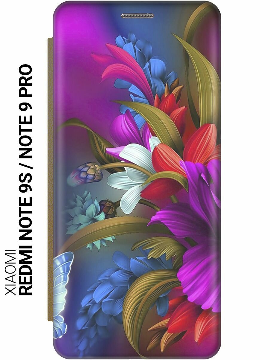 Чехол-книжка на Xiaomi Redmi Note 9s, Note 9 Pro, Сяоми Редми Ноут 9с, Ноут 9 Про с 3D принтом "Фантастические цветы" золотой