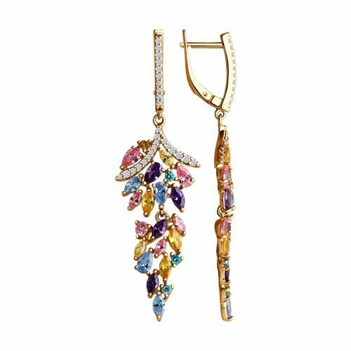 Серьги с подвесками, серебро, 925 проба, золочение, фианит