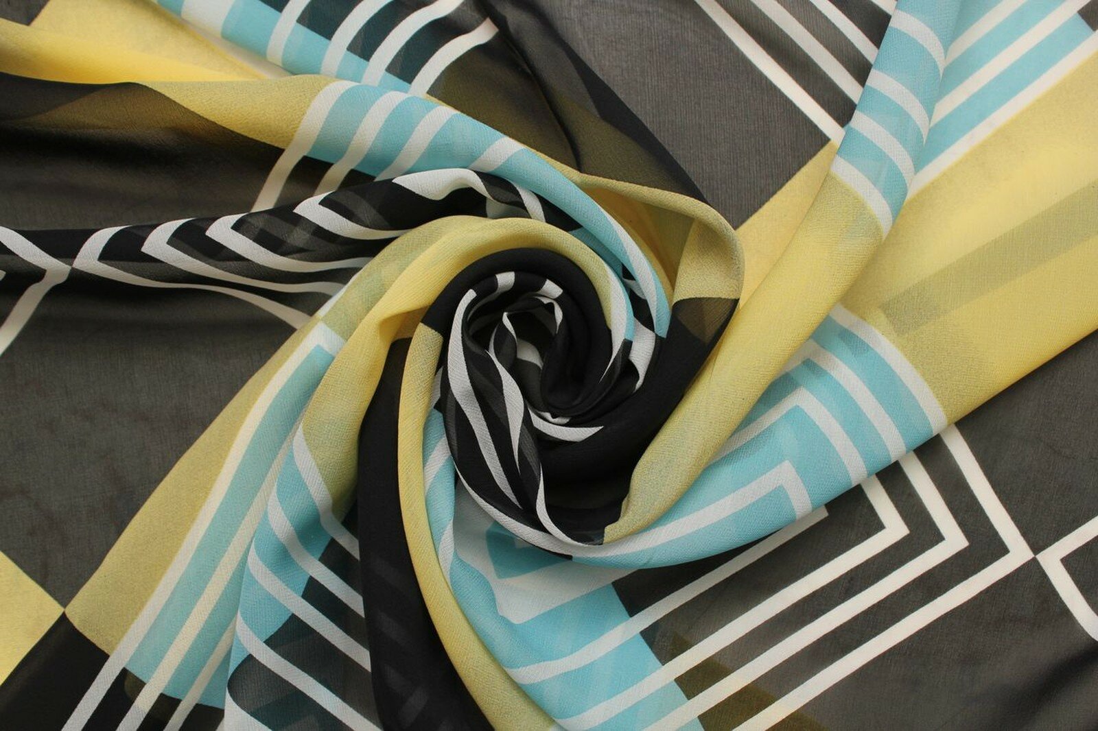 Ткань Шелк-жоржет Sonia Rykiel геометрия чёрно-желто-голубой с белым, ш136см, 0,5 м
