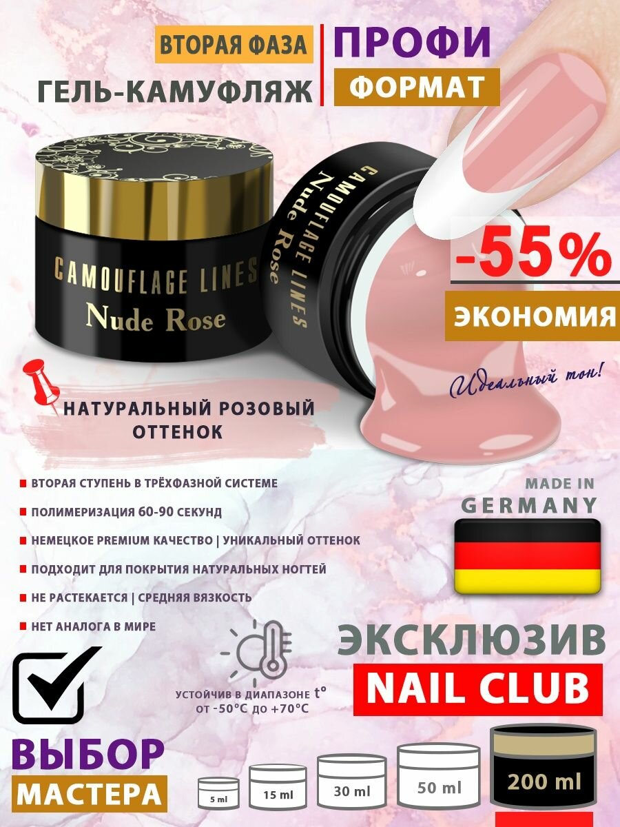 Камуфлирующий гель для ногтей CAMOUFLAGE LINES Cover Nude Rose, 200 мл
