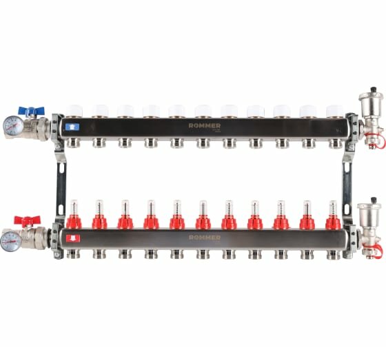 Коллектор из нержавеющей стали в сборе с расходомерами ROMMER 11 выходов RMS-1210-000011