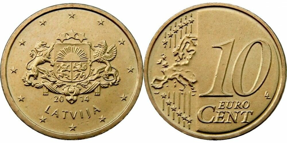Латвия 10 евроцентов, 2014-2022 XF