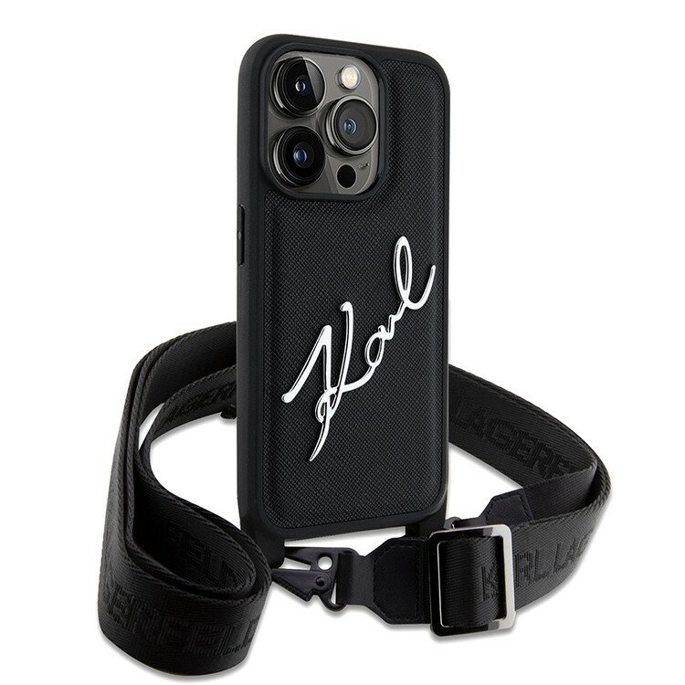 Karl Lagerfeld чехол с ремешком для iPhone 15 Pro Max, Crossbody кожа PU Saffiano Autograph черный