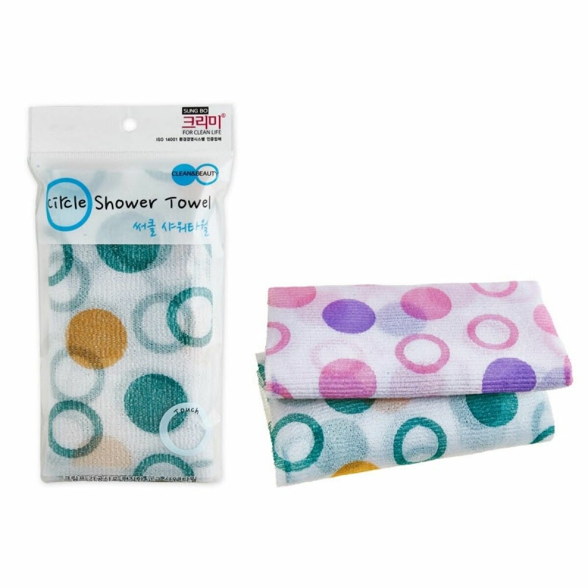 Sungbo Cleamy Мочалка для тела с плетением Волна и рисунком "Circle Shower Towel" (средней жёсткости) размер 28см х 95см