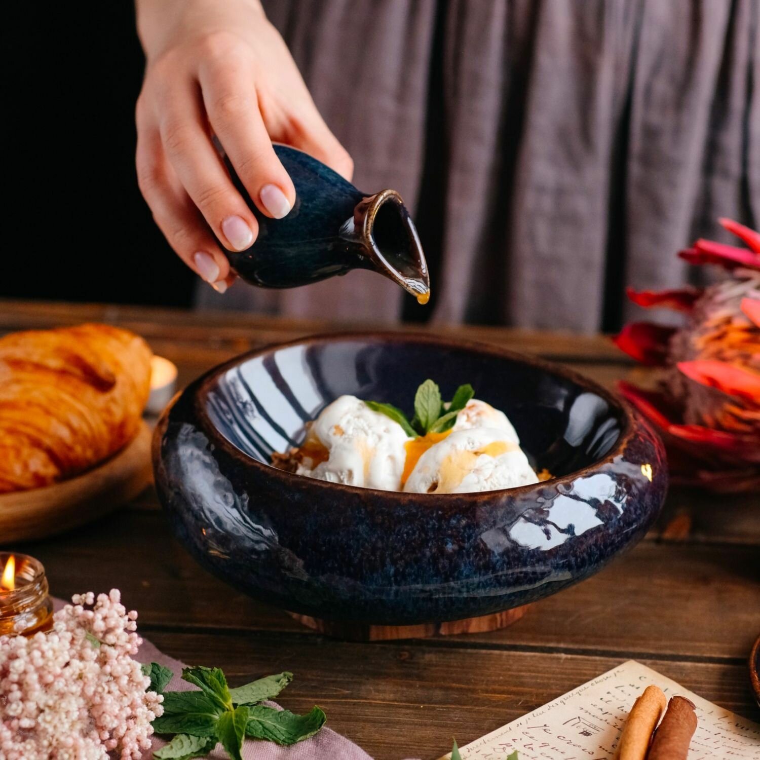 Тарелка камень плоский ручной работы VELES «Полночь Волшебства», фарфор, 550 мл