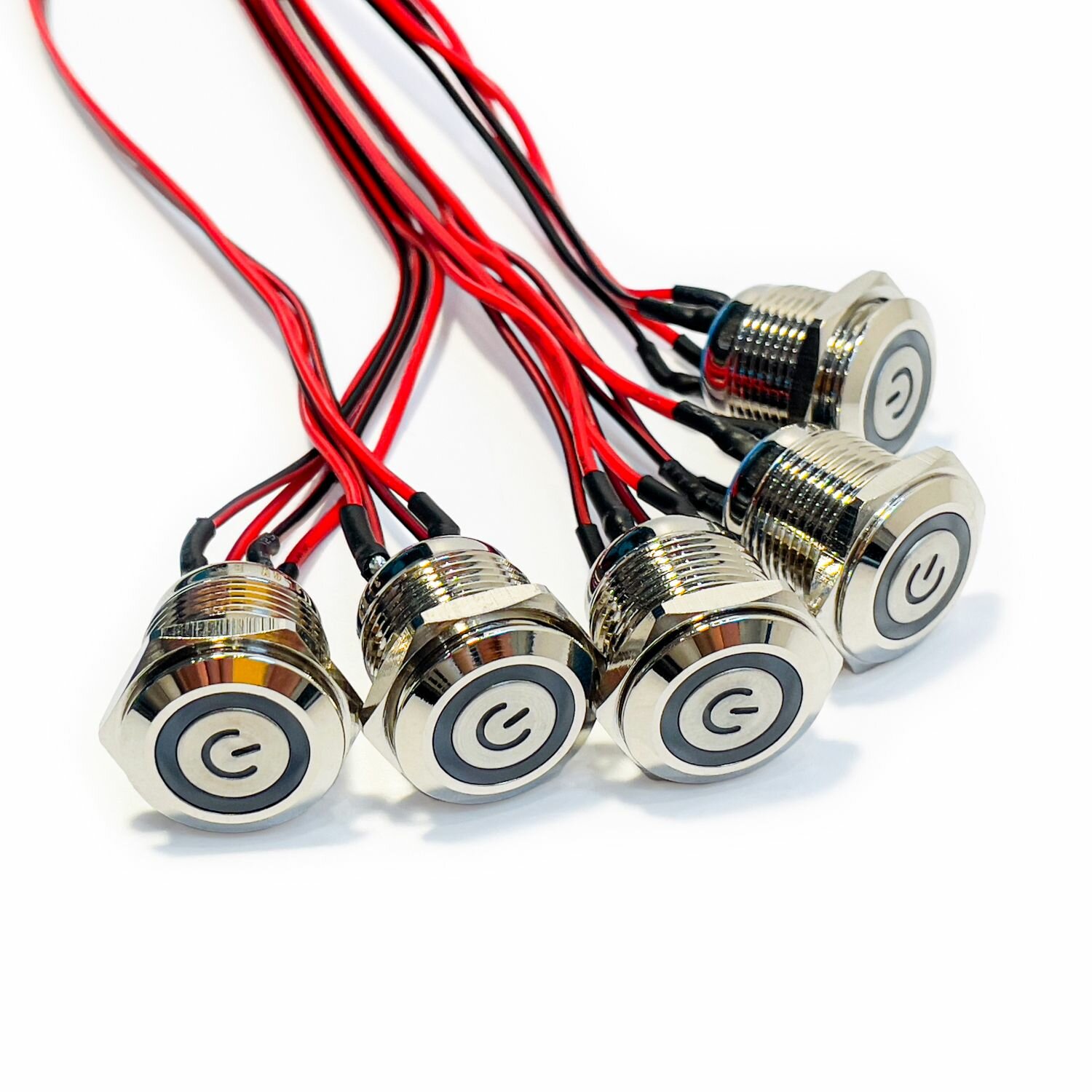 Кнопка питания 16 мм (серебристая, символ включения) с голубой подсветкой (5 шт.)