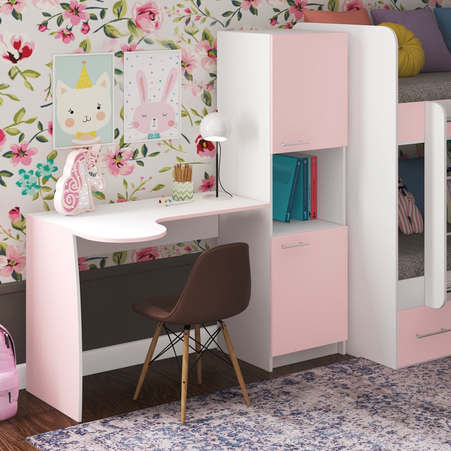Письменный стол со стеллажом, с пеналом, Есэндвич Лаворо, 145x67,5х150 см, правый (Белый/Розовый кварц)