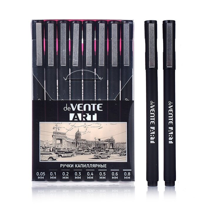 Капиллярные ручки deVENTE "Art", диаметры 0,05, 0,1, 0,2, 0,3, 0,4, 0,5, 0,6, 0,8 мм, черные, круглый корпус, 8 шт