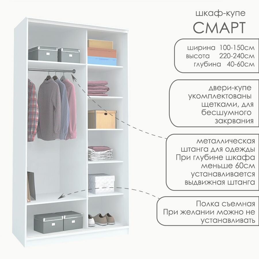 Шкаф-купе Смарт-2, 120*220*60, шимо светлый, серебро матовое, без зеркал, платье/белье — фото 1