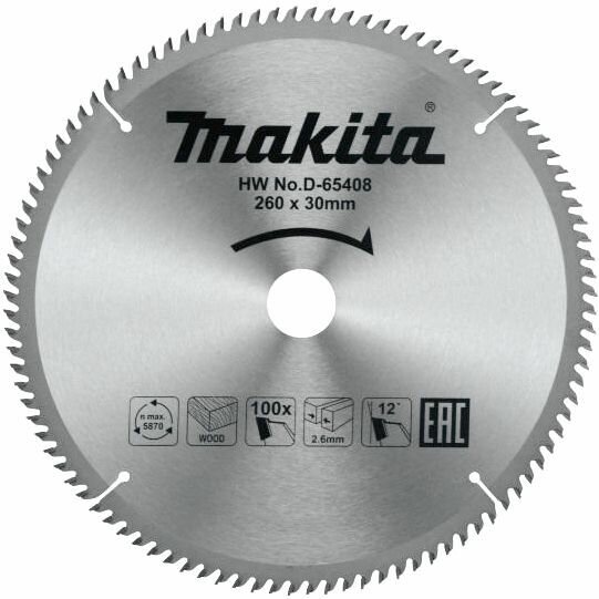 Пильный диск по дереву MAKITA 260x30x2.6/1.8 100z (D-65408)