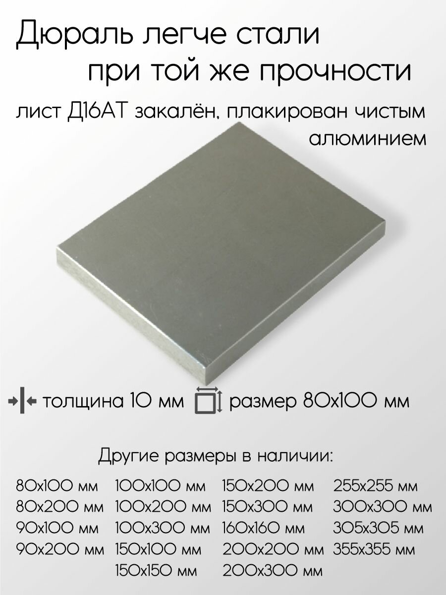 Алюминий дюраль Д16АТ лист толщина 10 мм 10x80x100 мм