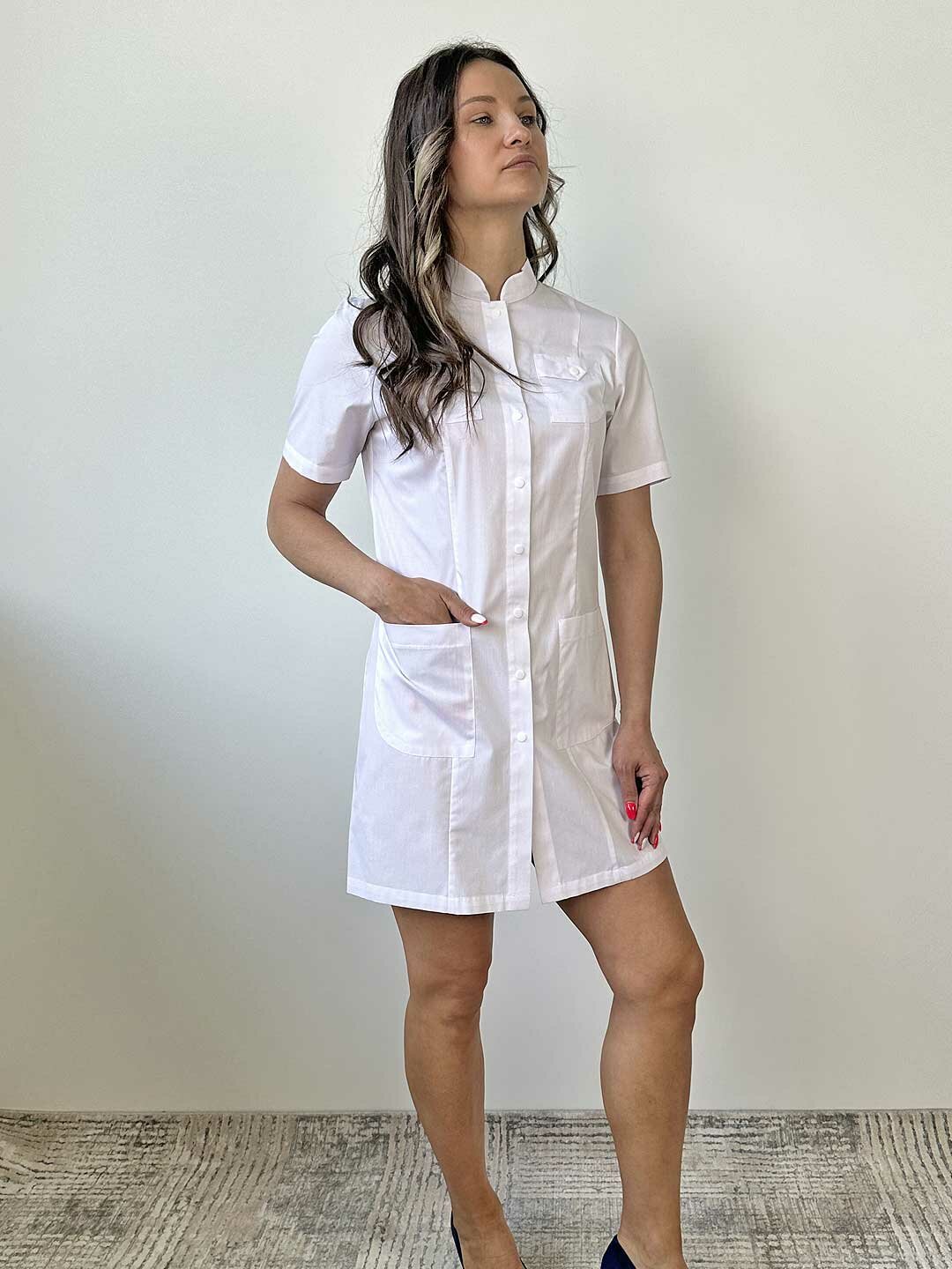 Халат женский, производитель Фабрика швейных изделий №3, модель М-25, рост 164, размер 42, ткань сатори-лайт, цвет белый