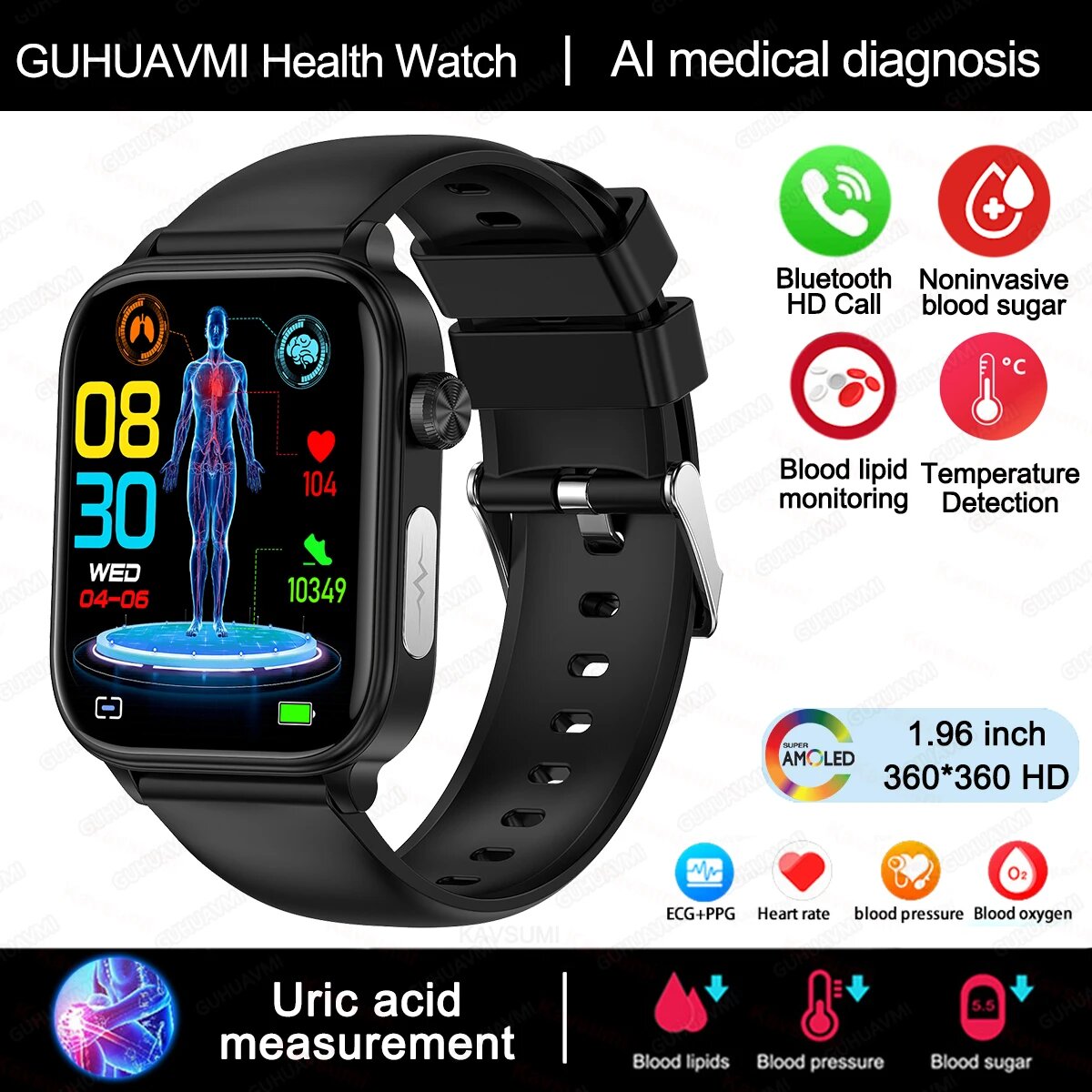 GUHUAVMI Умные часы Black, AI медицинская диагностика