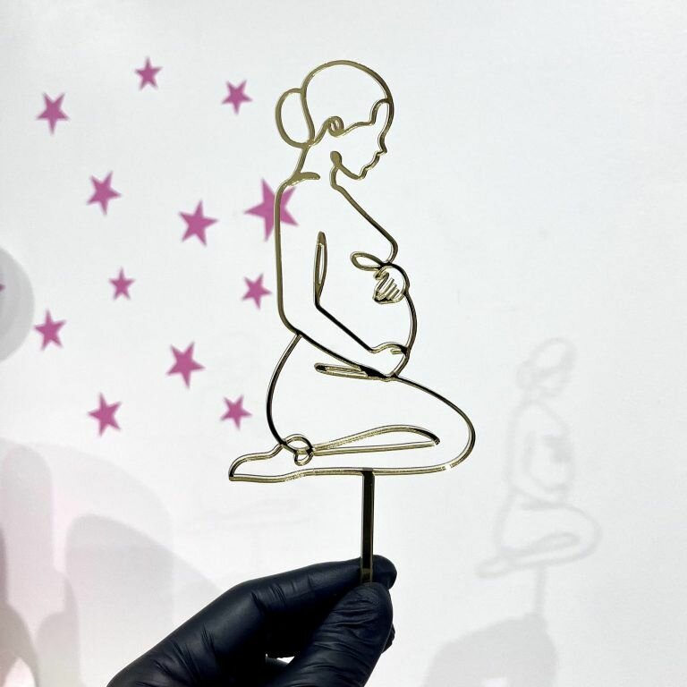 Топпер для торта Силуэт беременной девушки/ узнать пол малыша, сообщить о беременности золотой зеркальный акрил