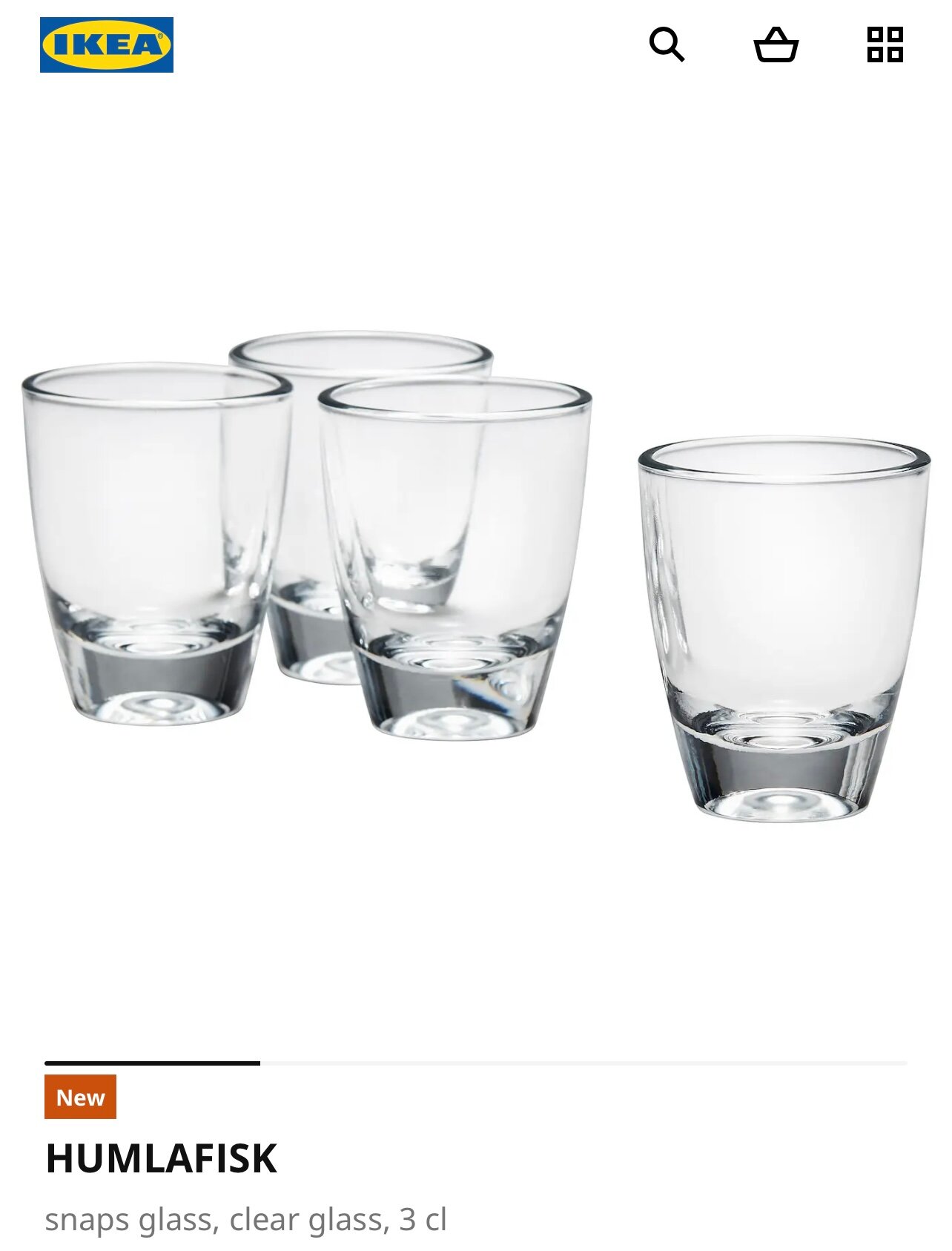 Стопки IKEA "HUMLAFISK", стекло, прозрачные, набор 4 шт, 30мл