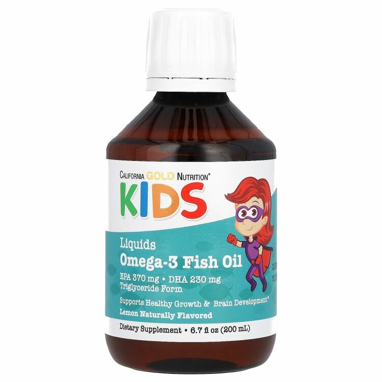 Детский рыбий жир California Gold Nutrition, Омега-3 Omega-3 Fish oil, 200 мл, с натуральным лимонным вкусом.