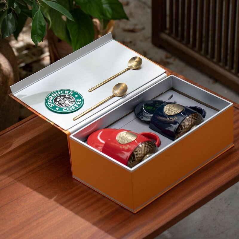 Набор кружек Starbucks C843, фаянс, двойные стенки, крышка, ложка, вращающиеся, 700 мл