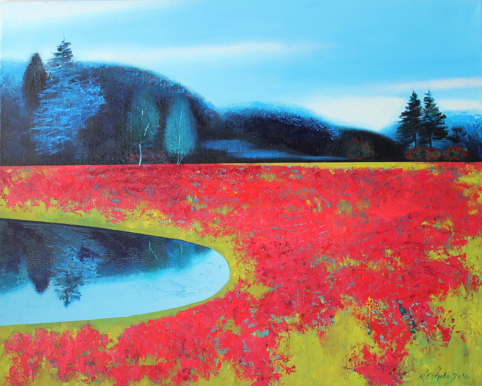 Красное поле, Юлия Боброва, 2016, Экспрессионизм, Лён, Масло