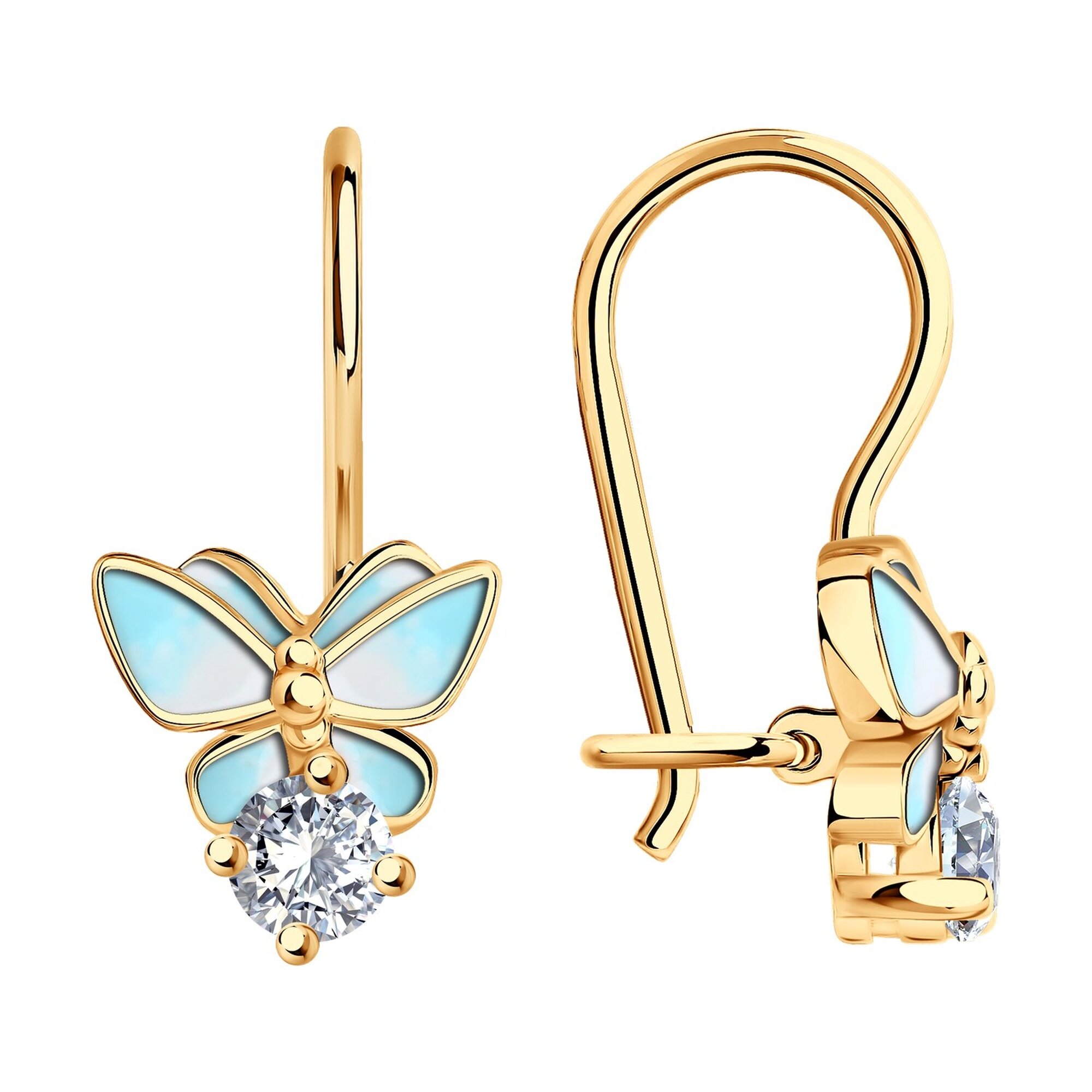 Серьги, серебро, 925 проба, золочение, эмаль, фианит