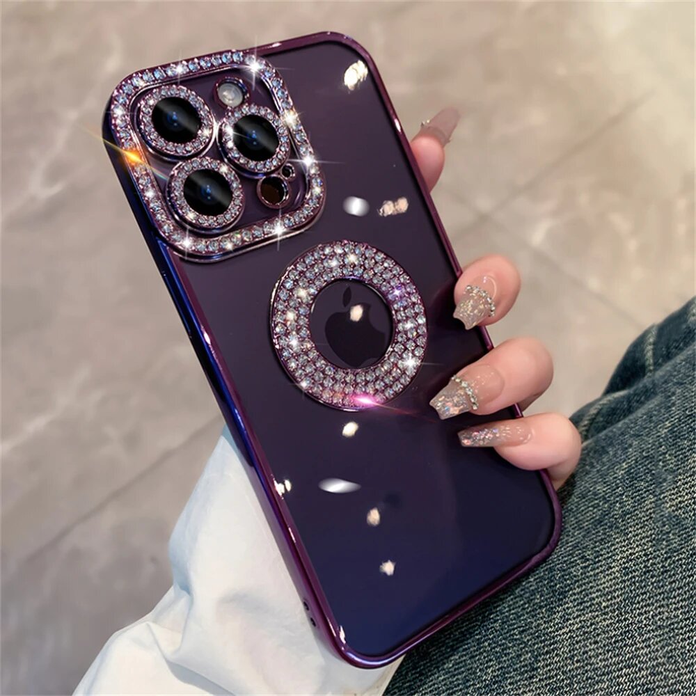 Фиолетовый чехол для iPhone 12 с бриллиантами и стразами
