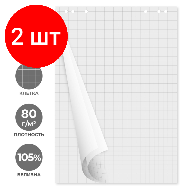 Комплект 2 упаковок, Блок бумаги для флипчартов клетка 67.5х98 10 лист. 80гр.