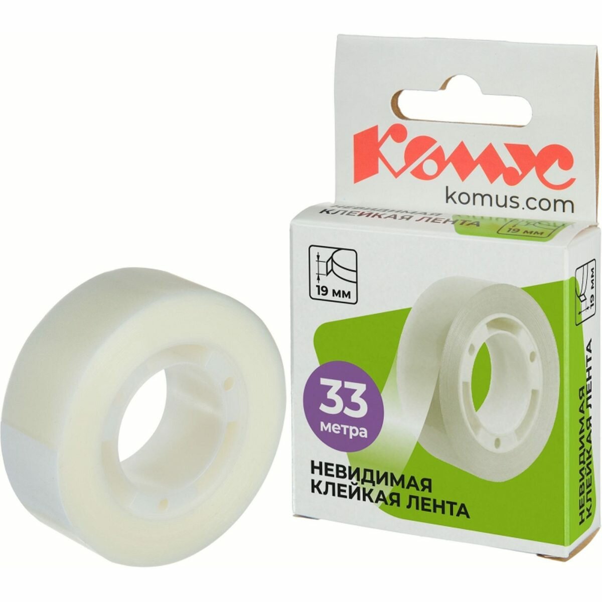Клейкая лента (скотч) канцелярская Комус (19мм х 33м, 35мкм, прозрачная) невидимая (265907), 156 уп.