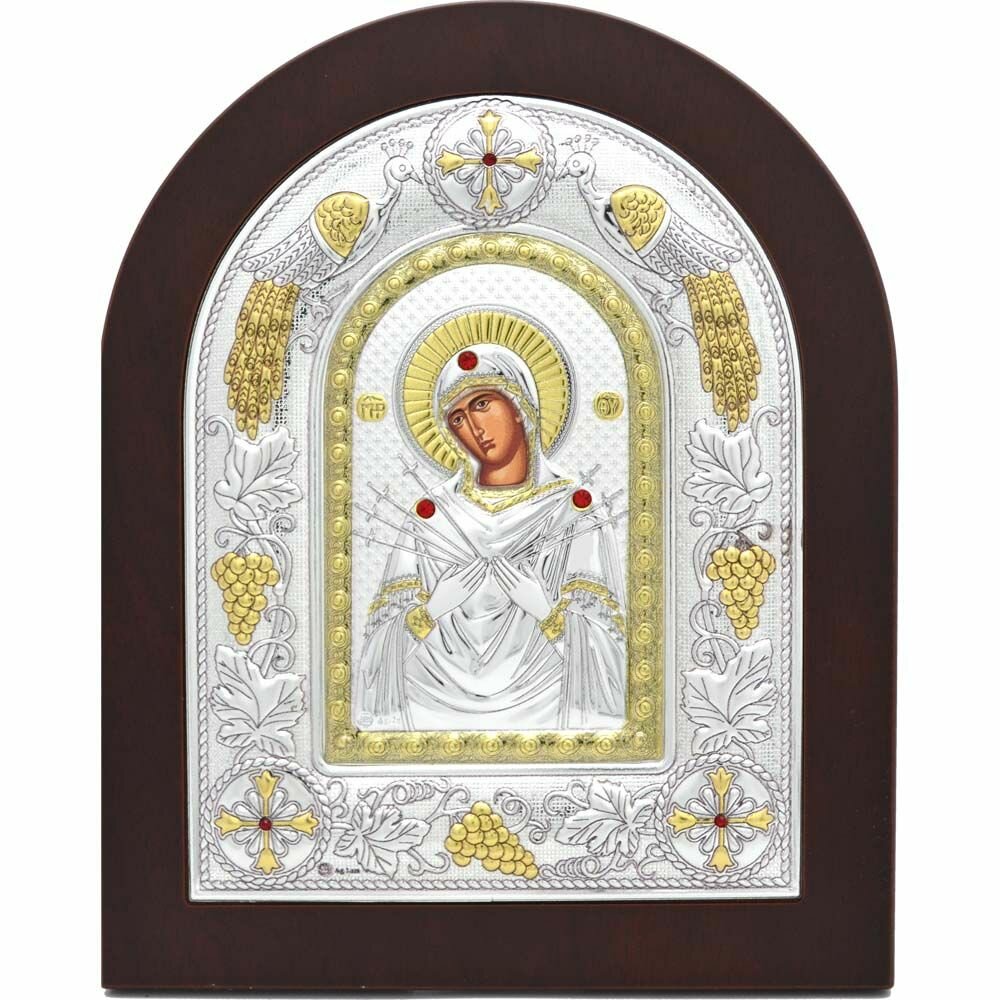 Семистрельная икона Божьей Матери в серебряном окладе. (18 х 22 см / Со стразами и позолотой на окладе)