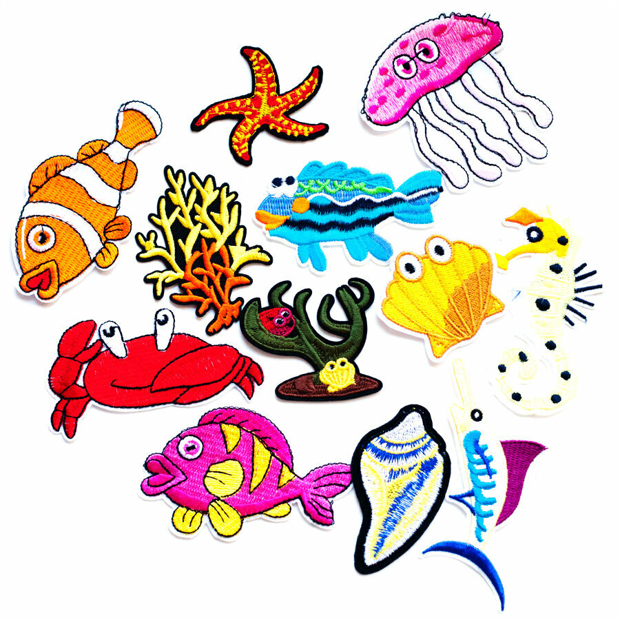Детские термоаппликации ассорти 12 штук. Морские рыбы.