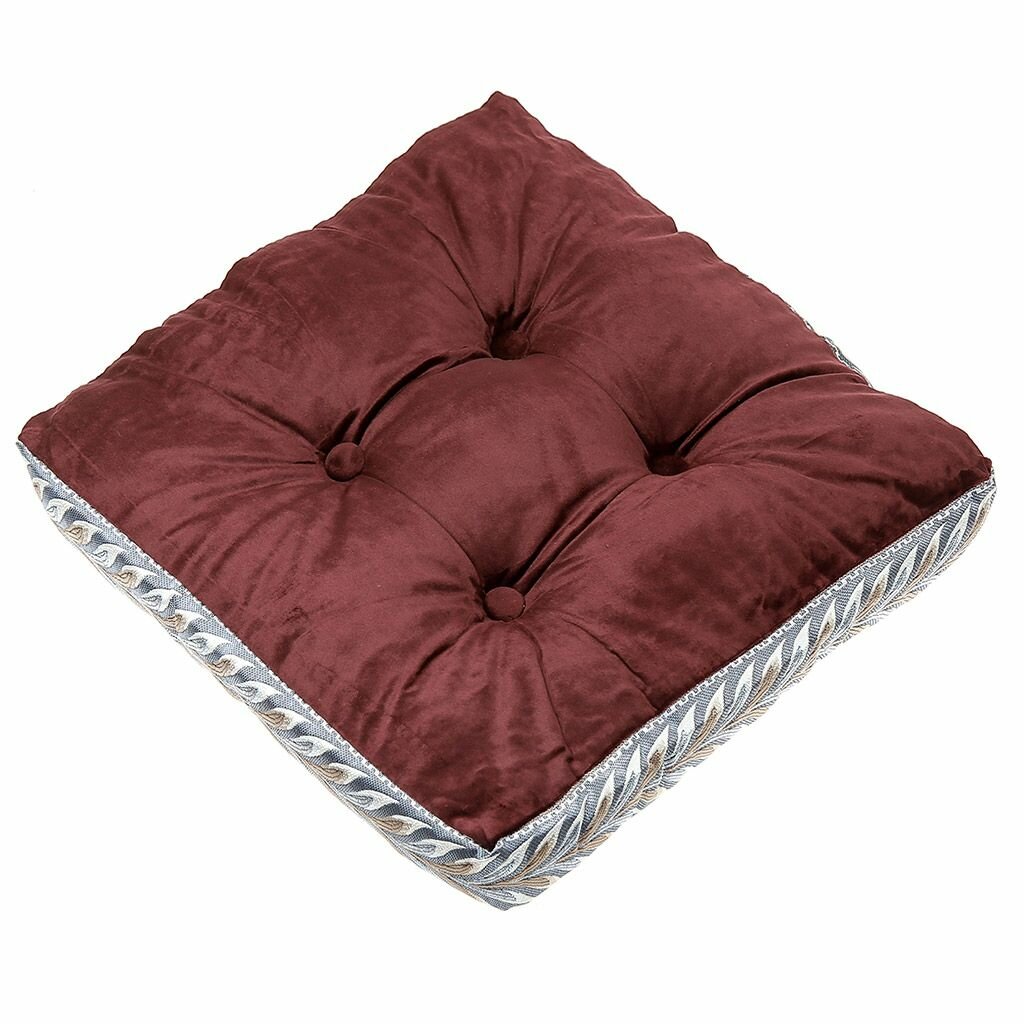 Подушка Домашняя Мода "Орнамент листья", для сиденья, 40х40х7 см, жаккардовый кант, бордовый велюр, полиэстер, синтепон