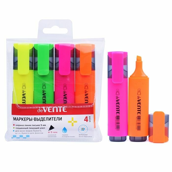 Набор маркеров-выделителей deVENTE 4 цвета, плоский корпус, скошенный наконечник (5045319)