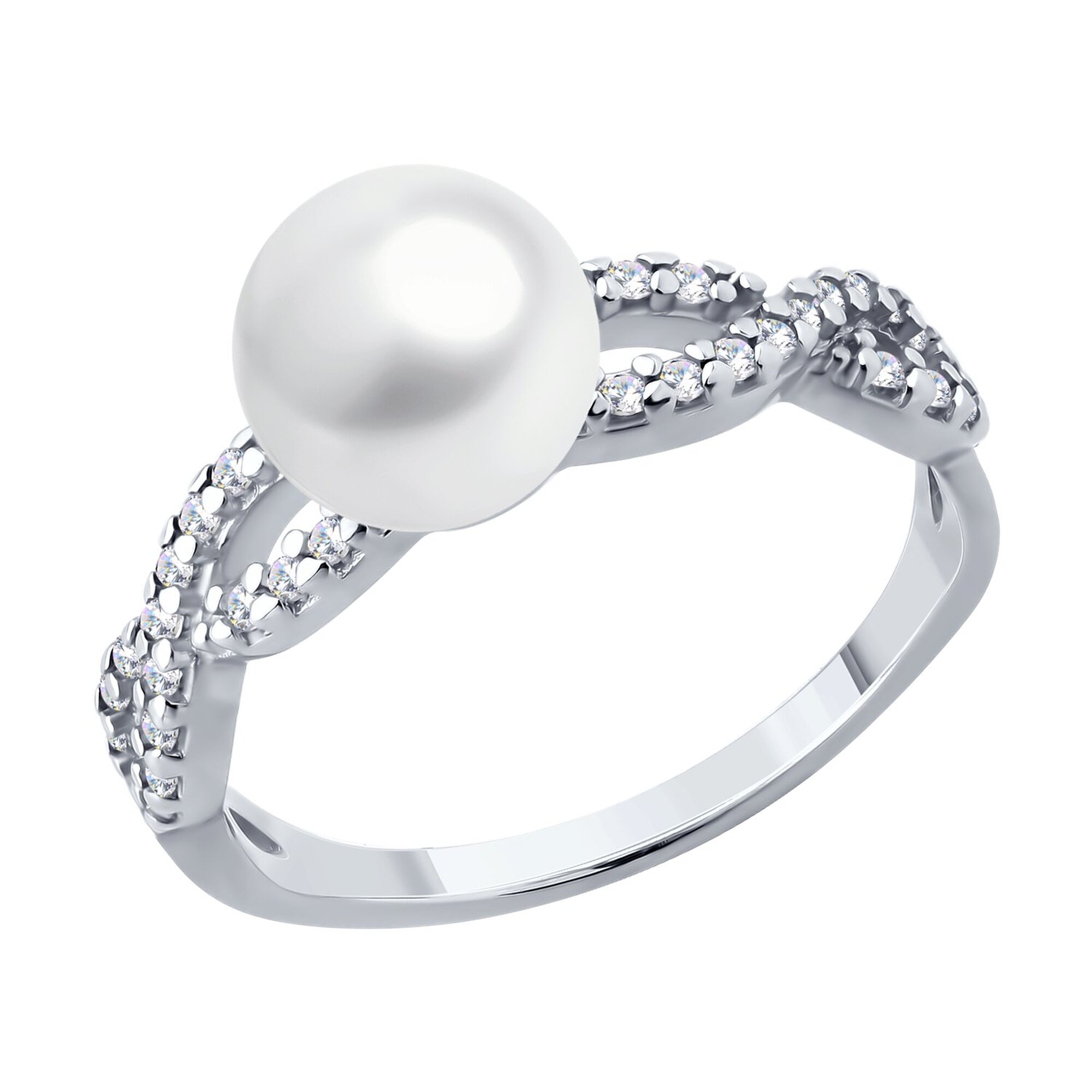 Кольцо, серебро, 925 проба, родирование, фианит, жемчуг