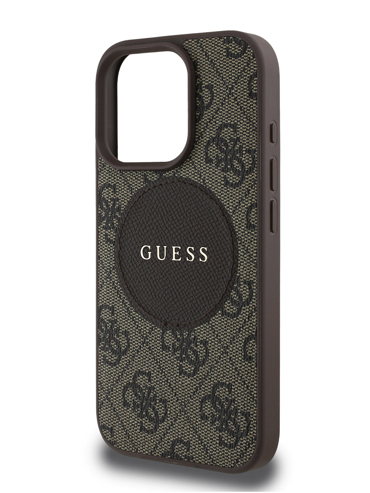 Guess для iPhone 15 Pro Max чехол PU 4G with Round Patch Metal logo Hard Brown (MagSafe)