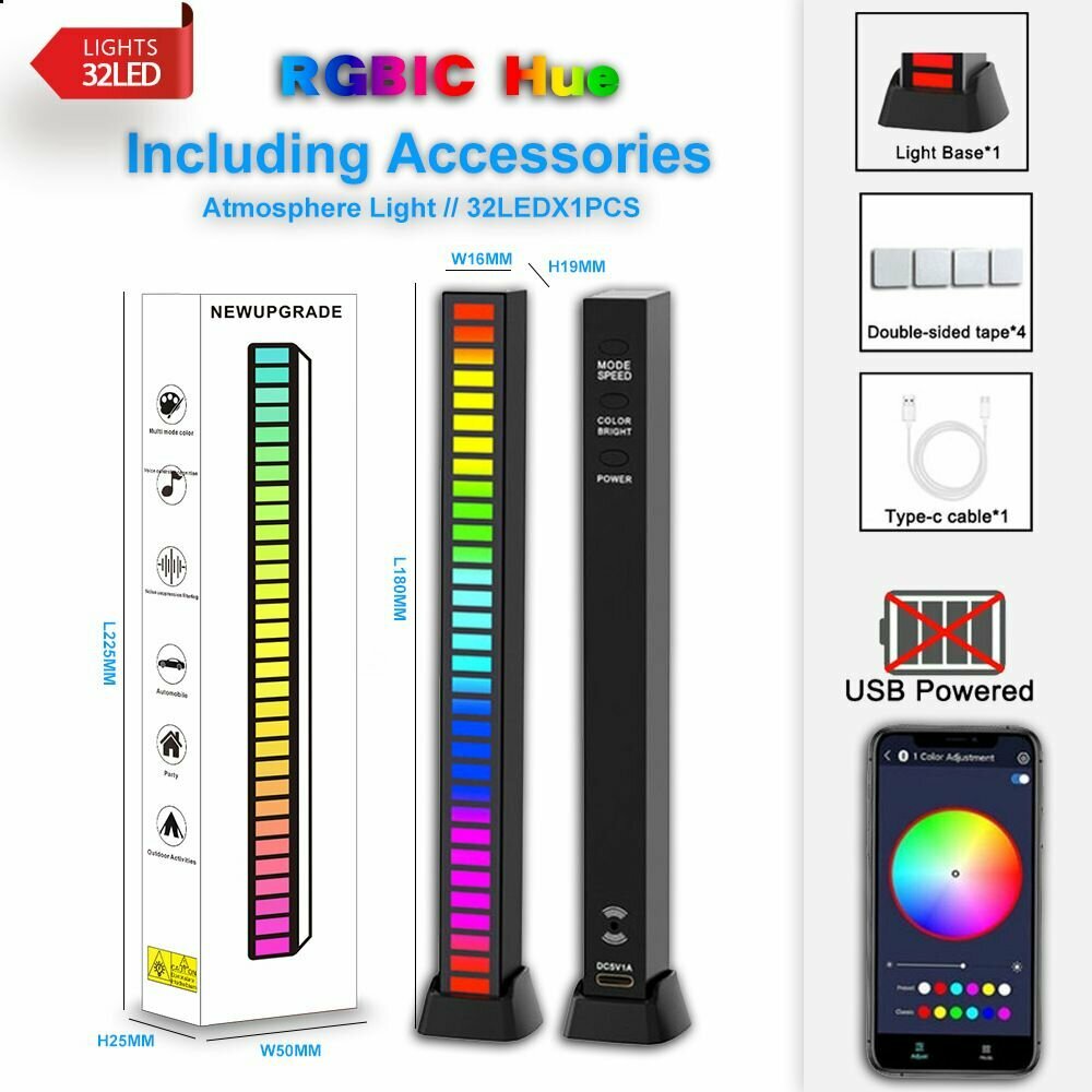 Интеллектуальная панель освещения 32 светодиодный с управлением звуком, RGB подсветка, Умное управлени с голосовой активацией, атмосфера, ночник, настольное украшение