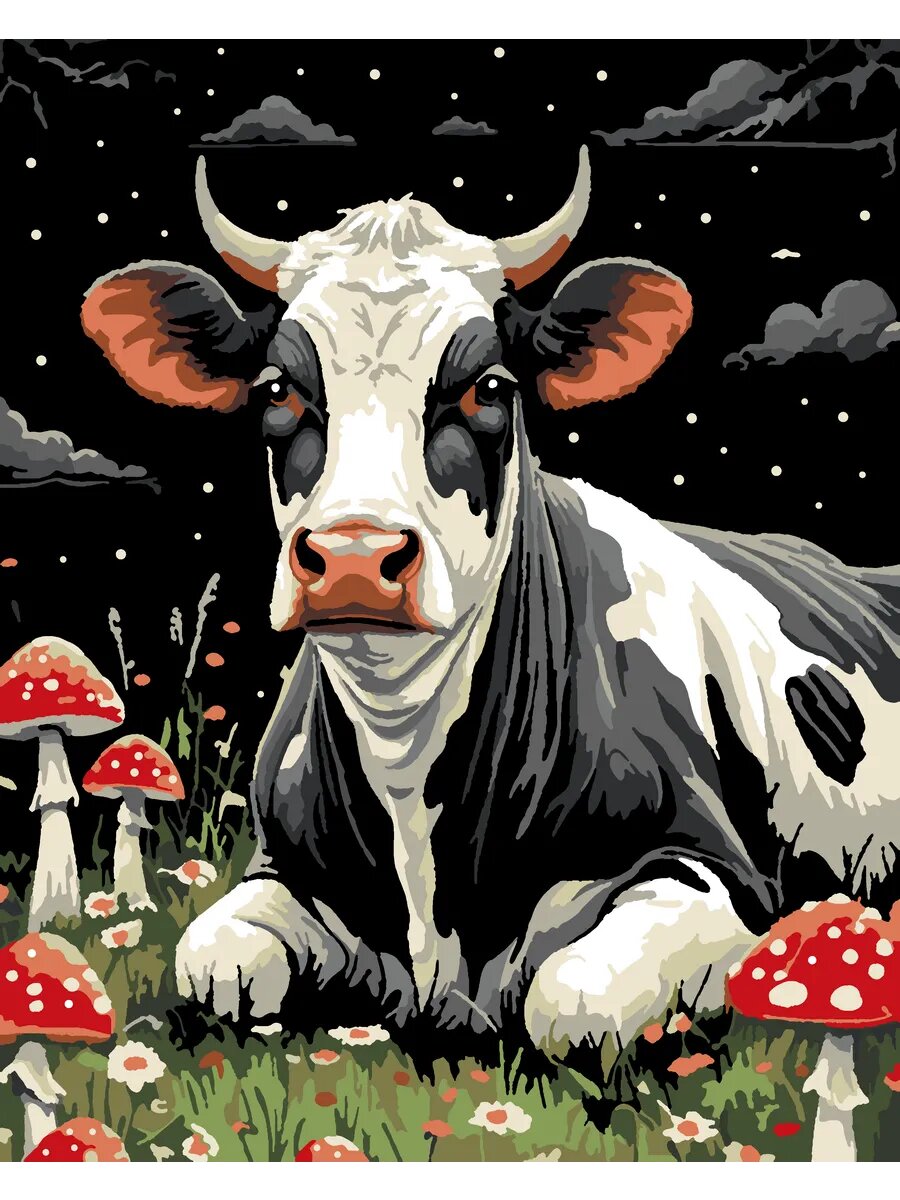 Картина по номерам Тут рисуют "Корова и ночь", холст на подрамнике, 40x50 см, 18 цветов