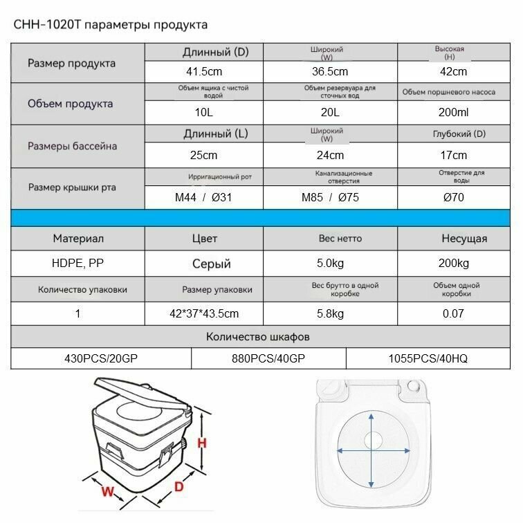 Подходит для переносных туалетов в домах на колесах на открытом воздухе с объемом бака для сточных вод 20 литров
