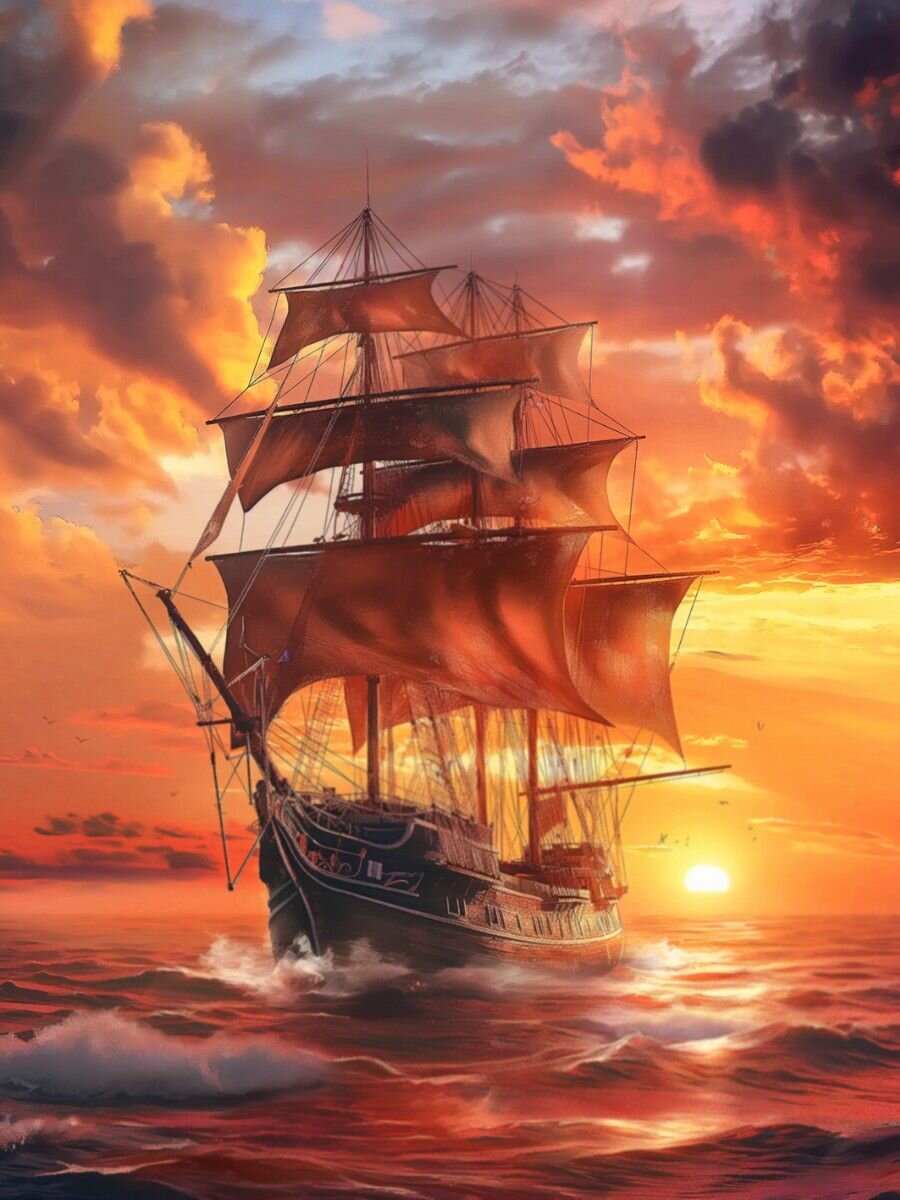 Картина по номерам на подрамнике 40*50 см "Корабль и закат"