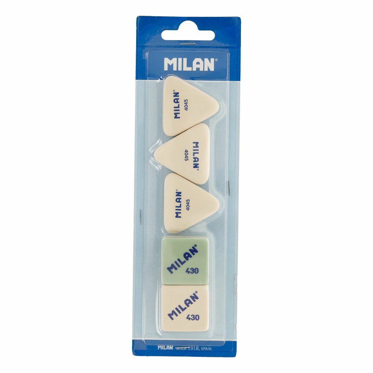 MILAN набор 3 треугольных ластика 4045 + 2 ластика 430 в блистере BMM10045