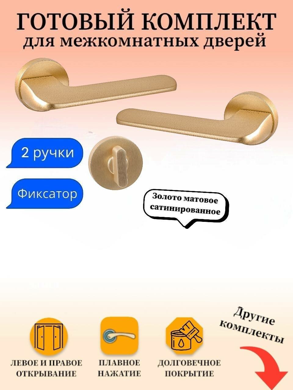 Ручка дверная межкомнатная RENZ INDH_319-06_SSG_W, золото матовое сатинированное (ручка + фиксатор)