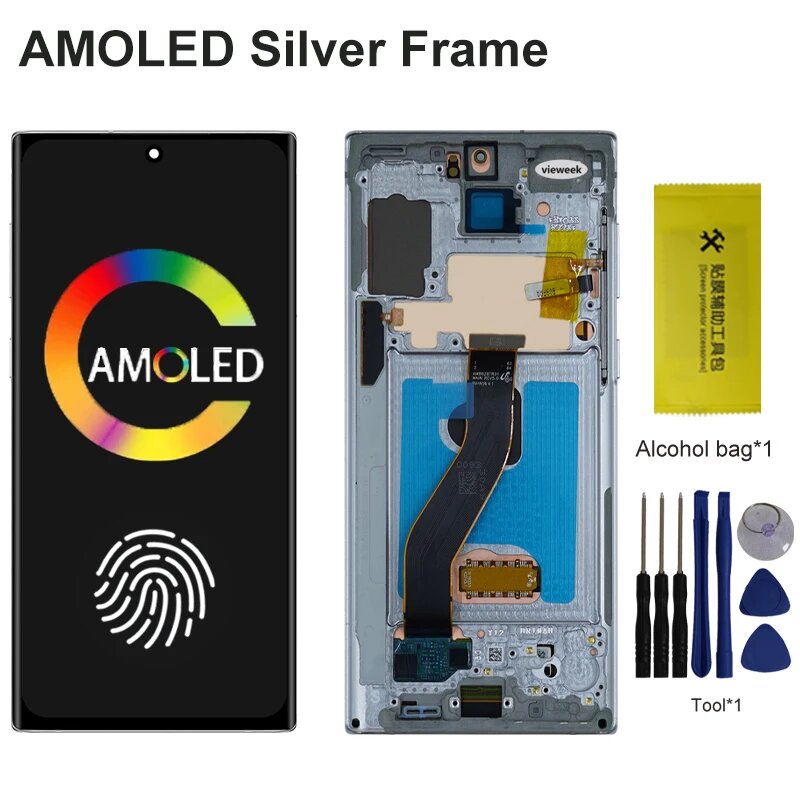 AMOLED дисплей для Samsung Galaxy Note 10 N970F N970 N9700 ЖК-дисплей с рамкой, сменный преобразователь сенсорного экрана в сборе AMOLED Silver Frame