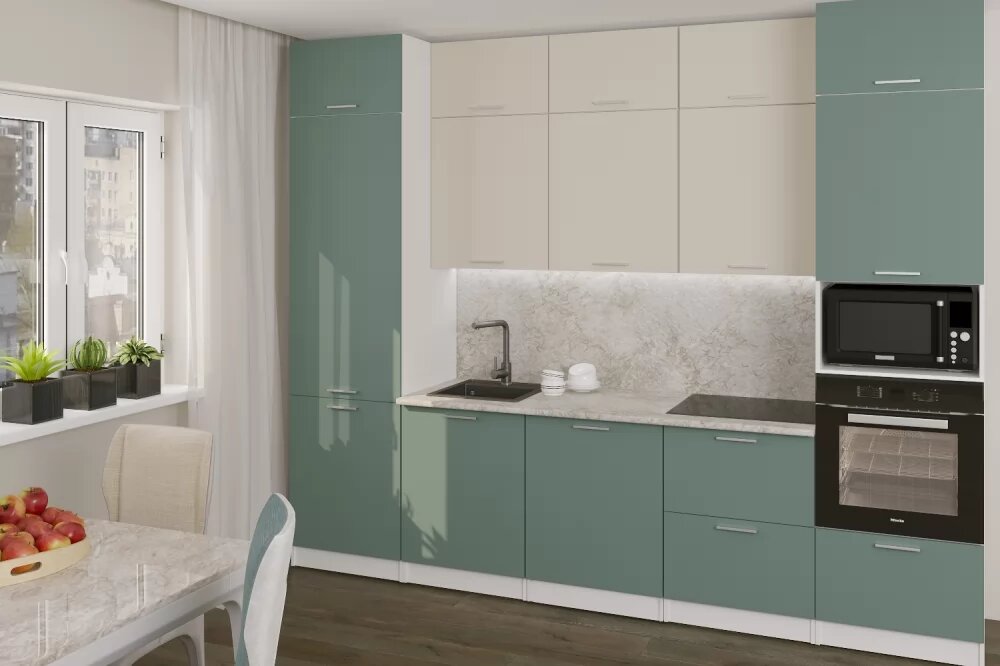 Кухонный гарнитур Герда Глория экстра 2 3000 мм, каркас ЛДСП, фасад ЛДСП, Белый/Кашемир/Бензин