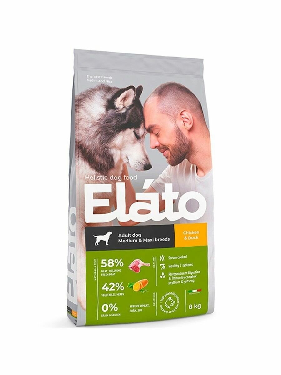 Elato Holistic для взрослых собак средних и крупных пород, курицаи утка, 8 кг