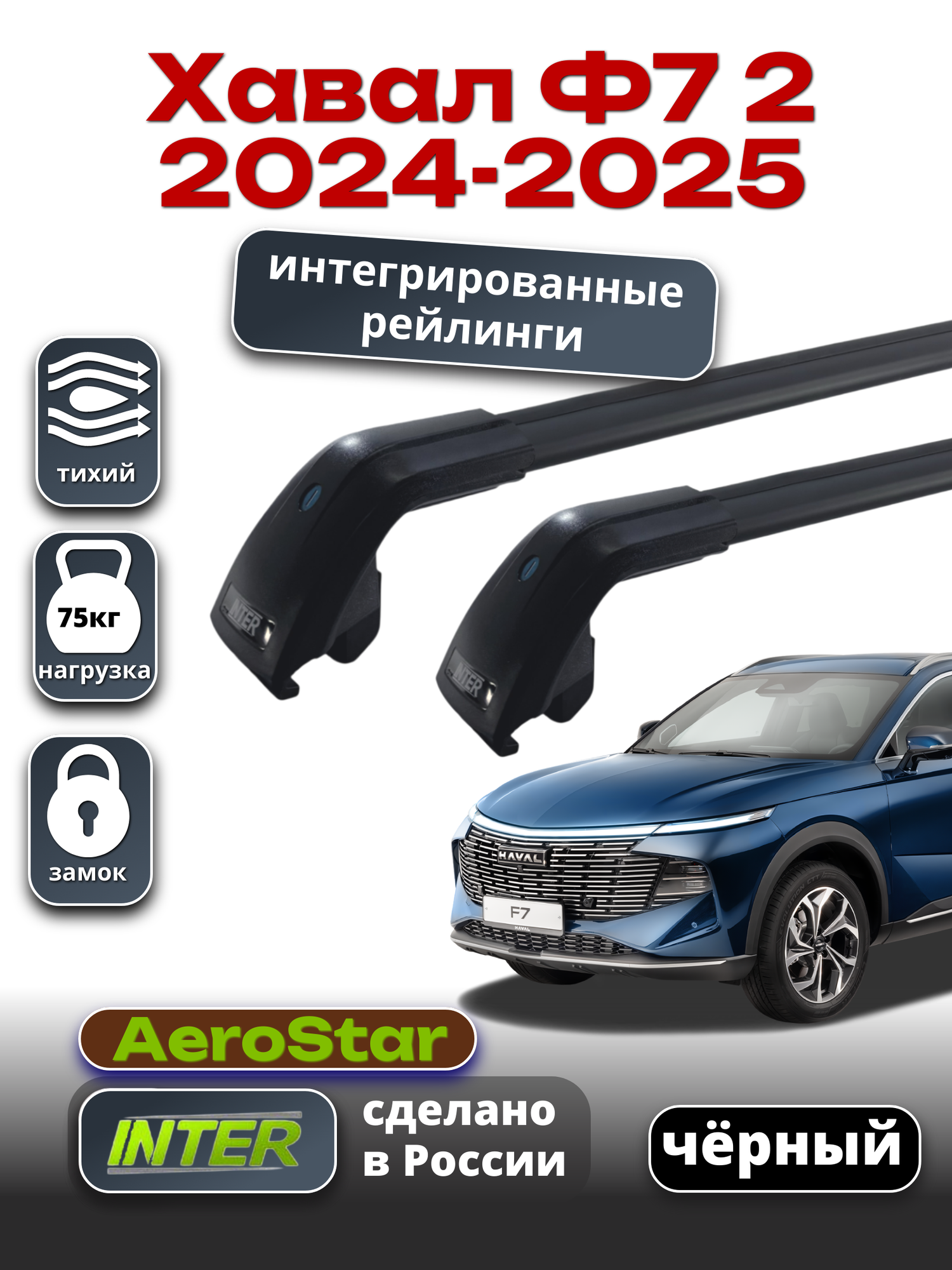 Багажник на крышу на Хавал Ф7 2 2024-2025 (Интегрированные рейлинги) черный крыловидный, Inter Aerostar