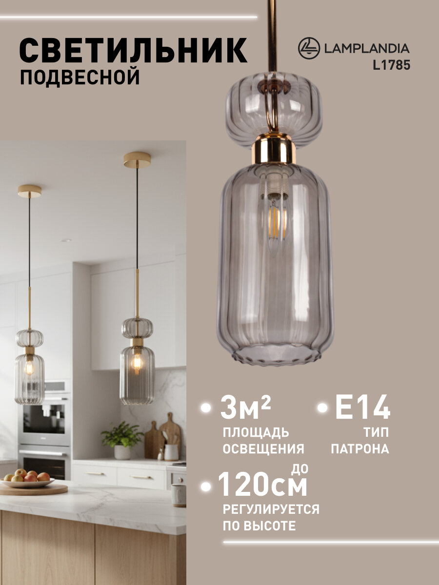 Светильник подвесной Lamplandia L1785 RENE FRENCH GOLD + TRANSPARENT BLACK, Е14*1 макс 40Вт