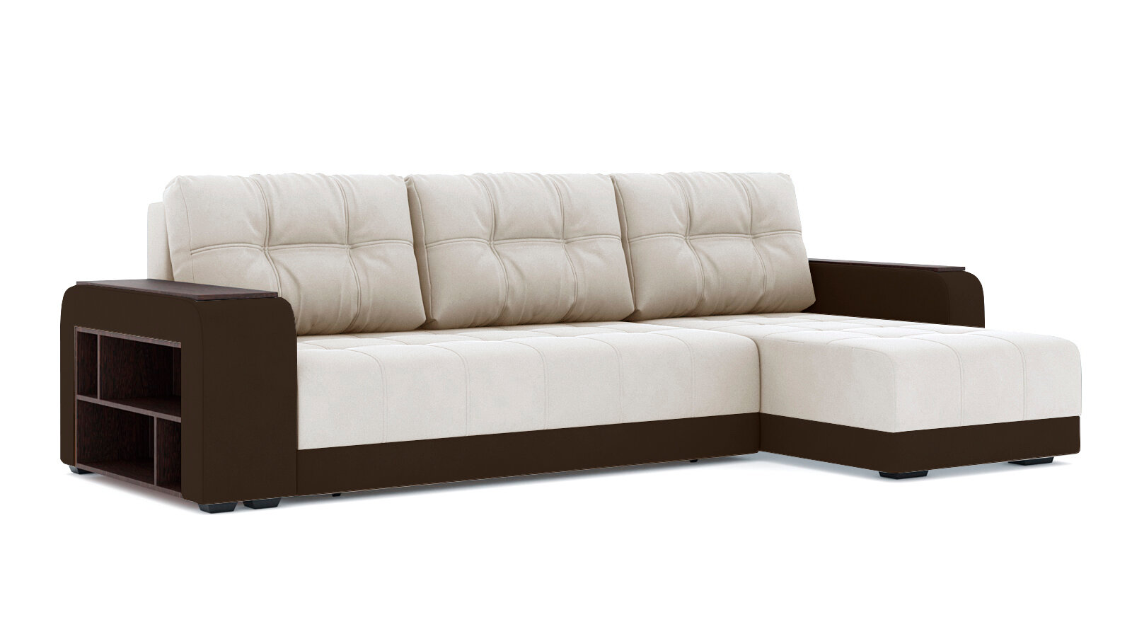 Угловой диван Милан, еврокнижка, полка в подлокотнике, угол универсальный, велюр Зара Крим 02/ кожзам темно-коричневый